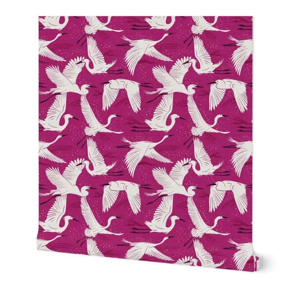 Spoonflower Soaring Wings Magenta Crane 100% Natural Sisal Grasscloth Wallcovering
