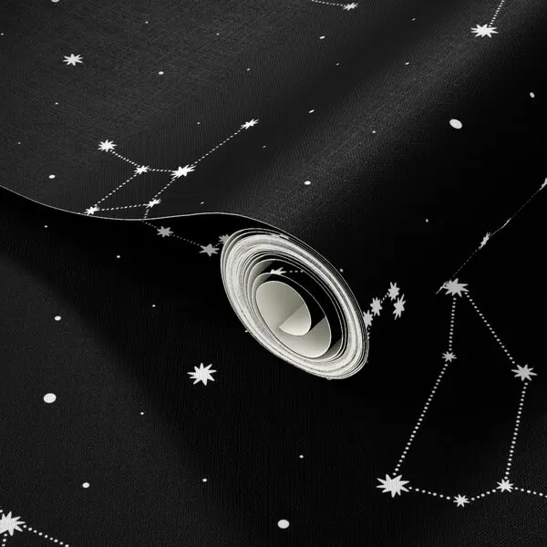 Spoonflower Black Stars Constellations Space Pisces Astrology Custom Pre-pasted Wallpaper - Black,white,gray