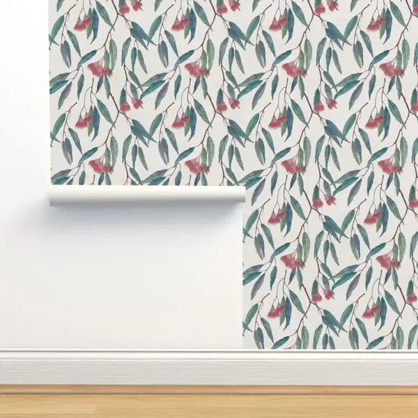 Spoonflower Eucalyptus With Pink Flowers On White 100% Natural Sisal Grasscloth Wallcovering - White,blue,red