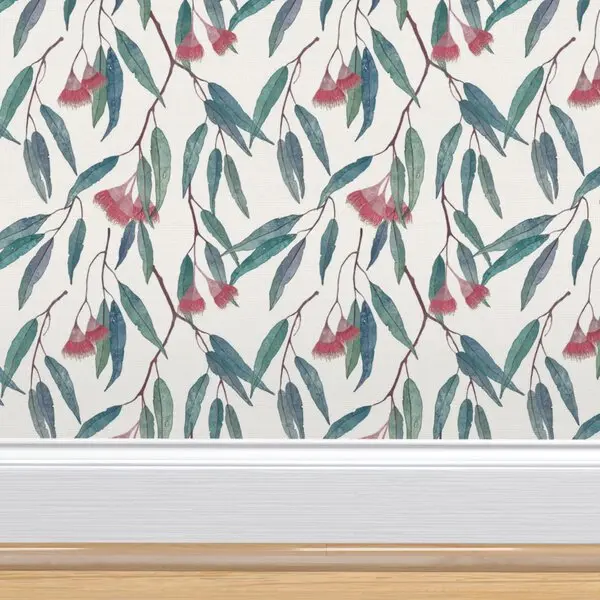 Spoonflower Eucalyptus With Pink Flowers On White 100% Natural Sisal Grasscloth Wallcovering - White,blue,red