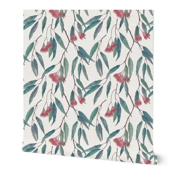Spoonflower Eucalyptus With Pink Flowers On White 100% Natural Sisal Grasscloth Wallcovering - White,blue,red