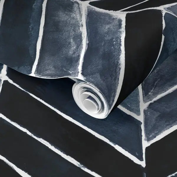 Spoonflower Painted Chevron Indigo Blue Herringbone Custom Pre-pasted Wallpaper - Blue,black,white