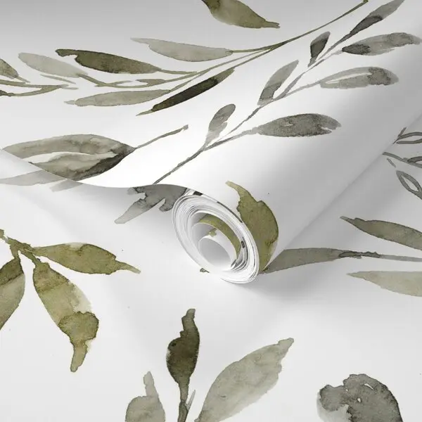 Spoonflower Leaves Floral Nature Leaf Autumn Fall Custom Pre-pasted Wallpaper - Gray,green