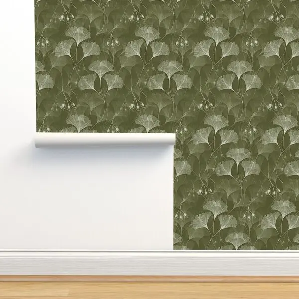 Spoonflower Ginkgo Biloba Avocado 100% Natural Sisal Grasscloth Wallcovering - Ivory