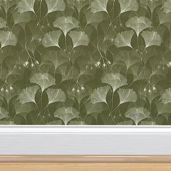 Spoonflower Ginkgo Biloba Avocado 100% Natural Sisal Grasscloth Wallcovering - Ivory