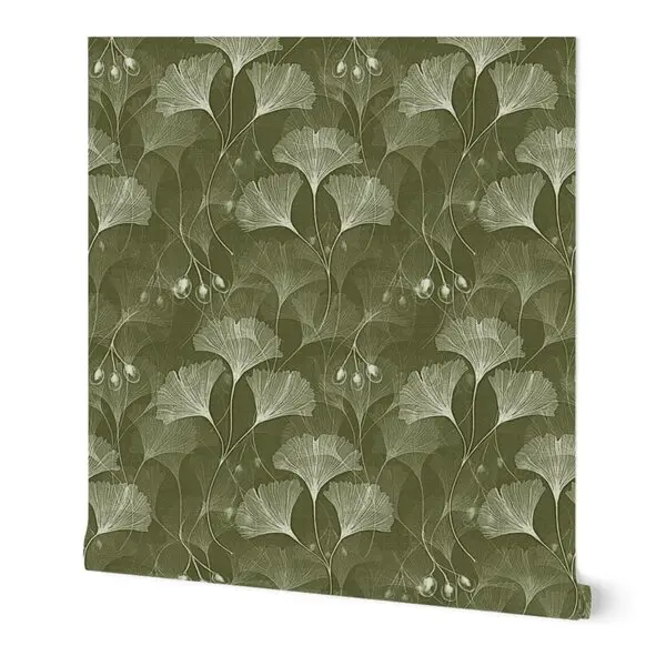Spoonflower Ginkgo Biloba Avocado 100% Natural Sisal Grasscloth Wallcovering - Ivory