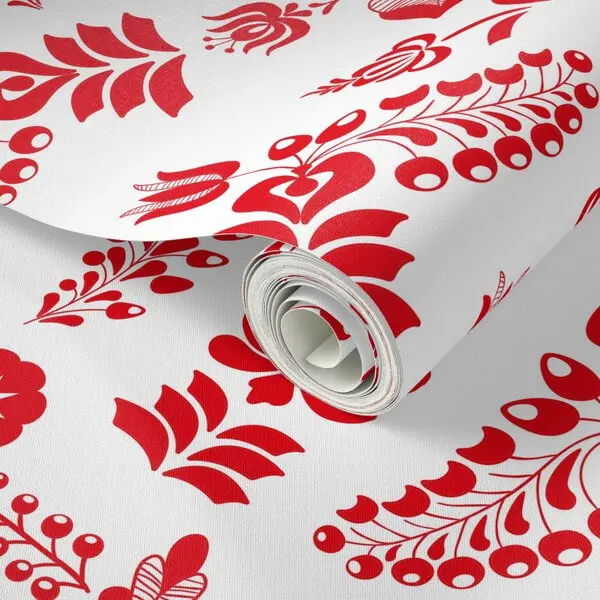 Spoonflower Folk Art Red White Scandinavian Floral European Custom Pre-pasted Wallpaper - Red,white,gray