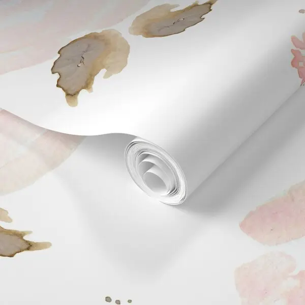 Spoonflower Bloom Blush Rose Pink White Watercolor Blossom Custom Pre-pasted Wallpaper - White,gray,beige