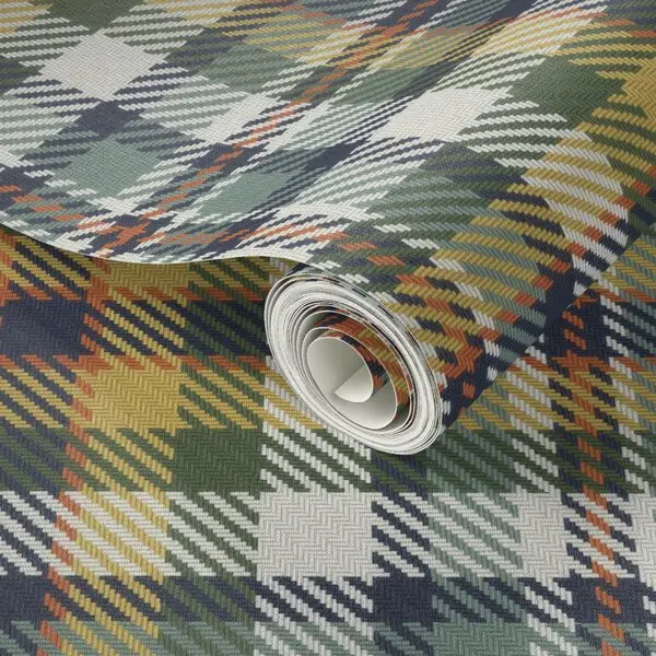 Spoonflower Buff Green Navy Plaid Tartan Blue Custom Pre-pasted Wallpaper - Green,blue,brown