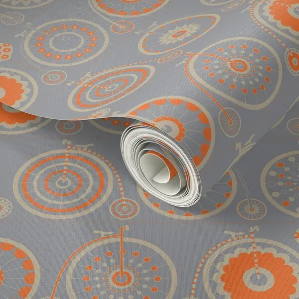 Spoonflower Wheels Bicycle Circle Ride Bike Cycle Vehicle Custom Pre-pasted Wallpaper - Gray,orange,brown