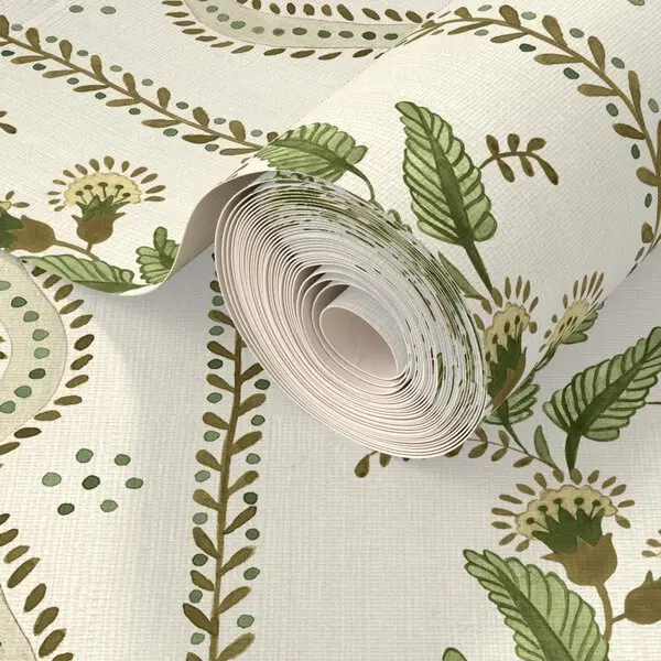 Spoonflower Brown And Greens On Cream Emma Stripe 100% Natural Sisal Grasscloth Wallcovering - Green,gray