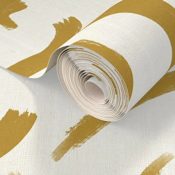 Spoonflower Gold Brushstrokes On White 100% Natural Sisal Grasscloth Wallcovering - White,gold,yellow