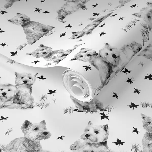 Spoonflower Dog Black White Leaves Animals Westie Illustration Custom Pre-pasted Wallpaper - Black,white,gray
