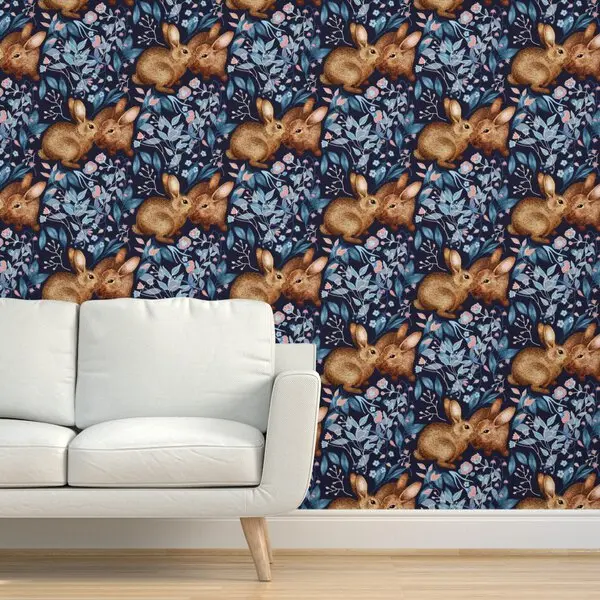 Spoonflower Spring Rabbit Pair On Navy Blue 100% Natural Sisal Grasscloth Wallcovering