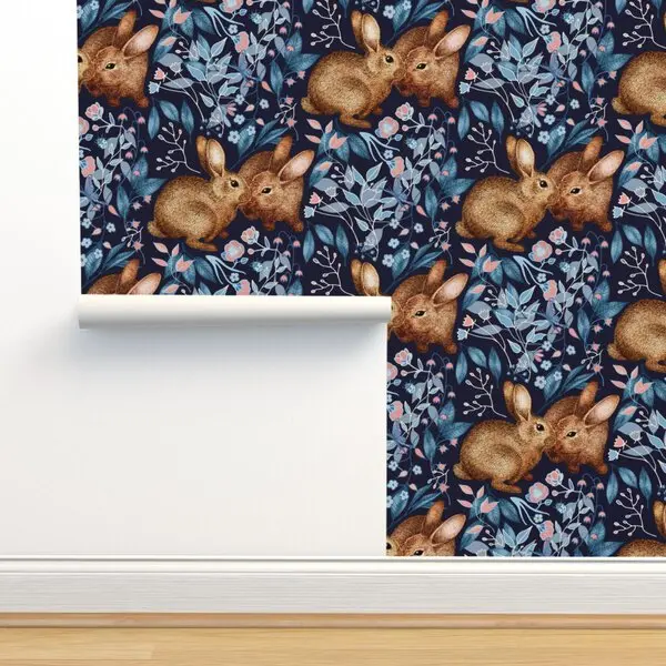 Spoonflower Spring Rabbit Pair On Navy Blue 100% Natural Sisal Grasscloth Wallcovering
