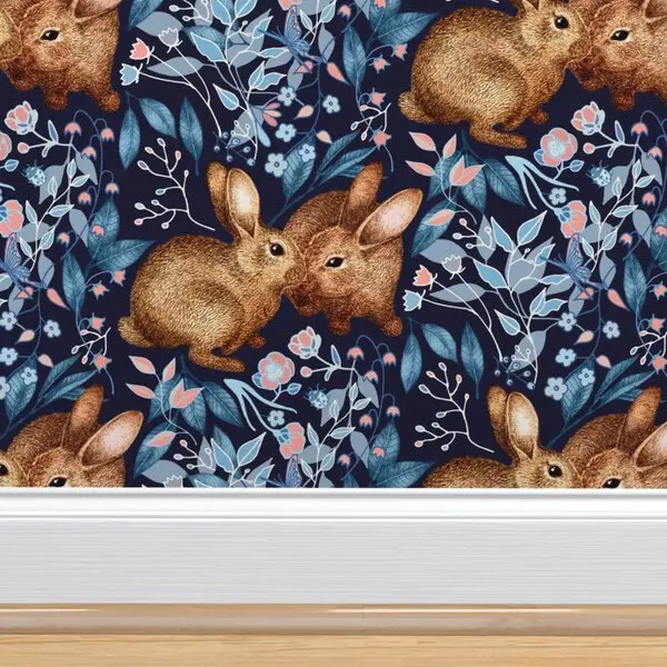 Spoonflower Spring Rabbit Pair On Navy Blue 100% Natural Sisal Grasscloth Wallcovering