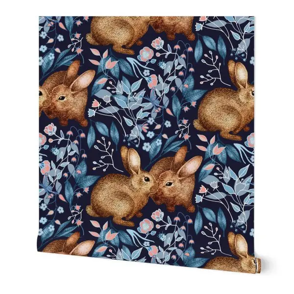Spoonflower Spring Rabbit Pair On Navy Blue 100% Natural Sisal Grasscloth Wallcovering