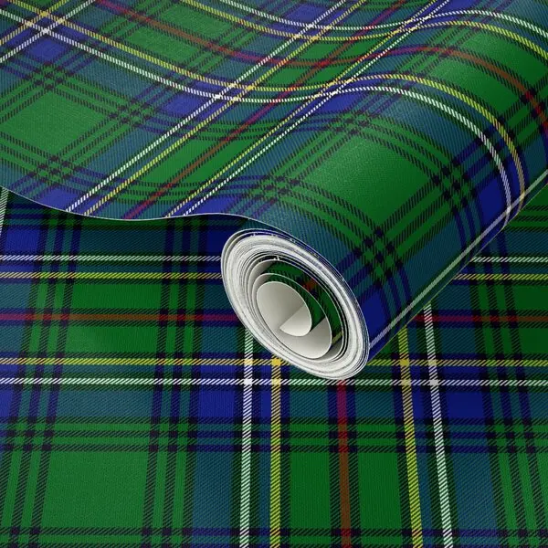 Spoonflower Cockburn Tartan Plaid Scottish Green Custom Pre-pasted Wallpaper - Green,gray