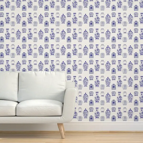 Spoonflower Ginger Jar Collection 1 Navy On White 100% Natural Sisal Grasscloth Wallcovering