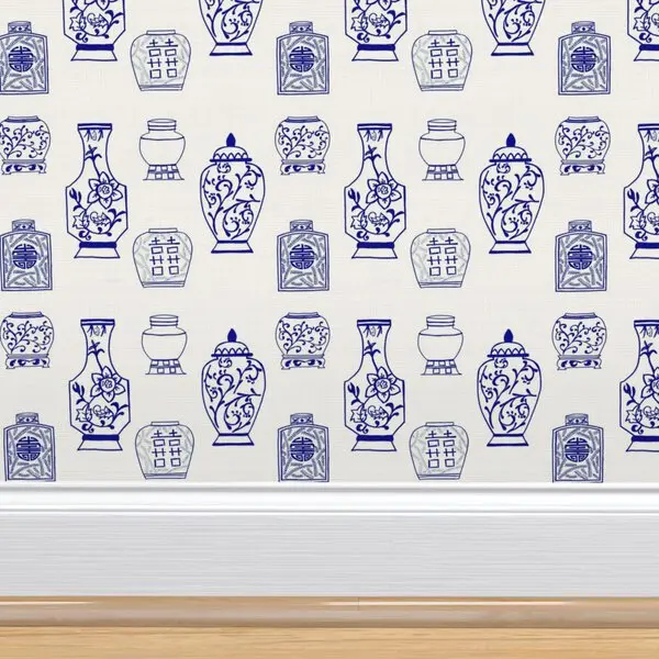 Spoonflower Ginger Jar Collection 1 Navy On White 100% Natural Sisal Grasscloth Wallcovering