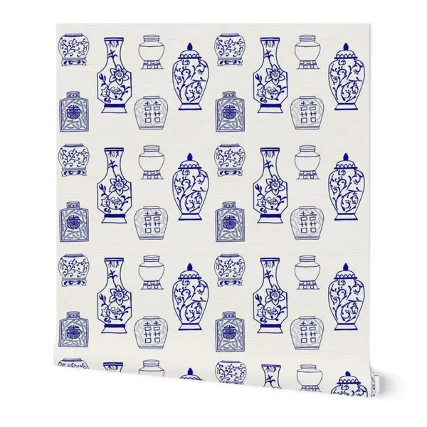 Spoonflower Ginger Jar Collection 1 Navy On White 100% Natural Sisal Grasscloth Wallcovering