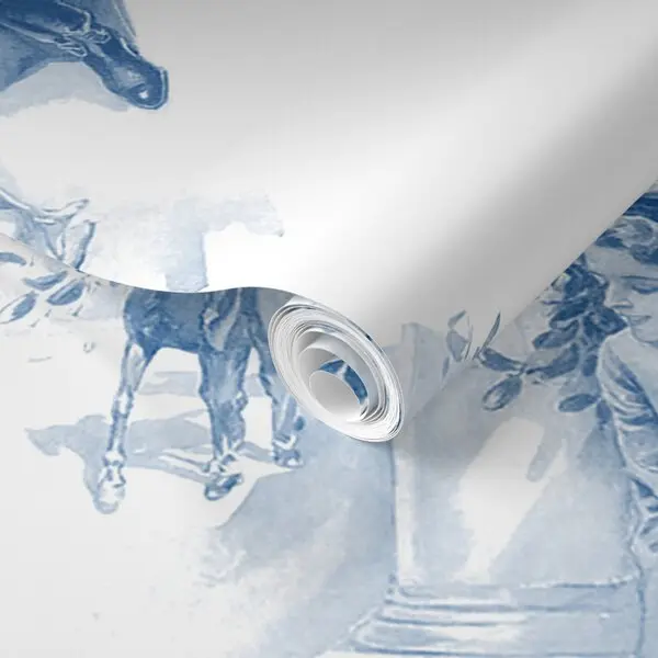 Spoonflower Hounds Blue White Horse Toile Dogs Horses Custom Pre-pasted Wallpaper - Blue,white