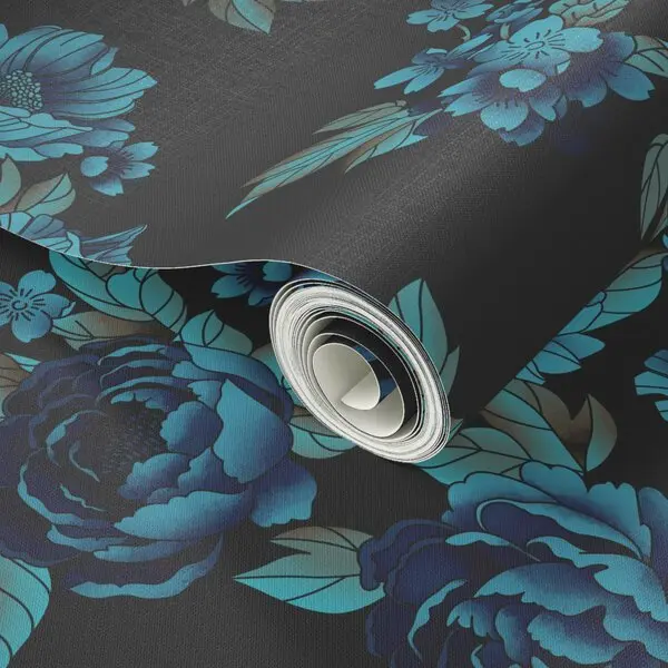 Spoonflower Floral Japanese Peony Botanical Romantic Custom Removable Wallpaper - Black,blue,teal