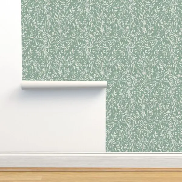 Spoonflower Tangled Meadow Green 100% Natural Sisal Grasscloth Wallcovering