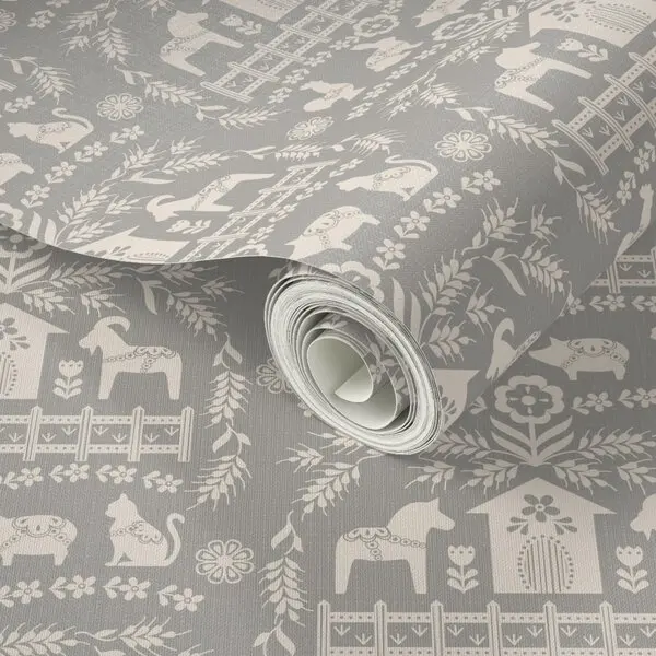 Spoonflower Swedish Folk Art Horse Dala Rooster Farm Custom Removable Wallpaper - Gray
