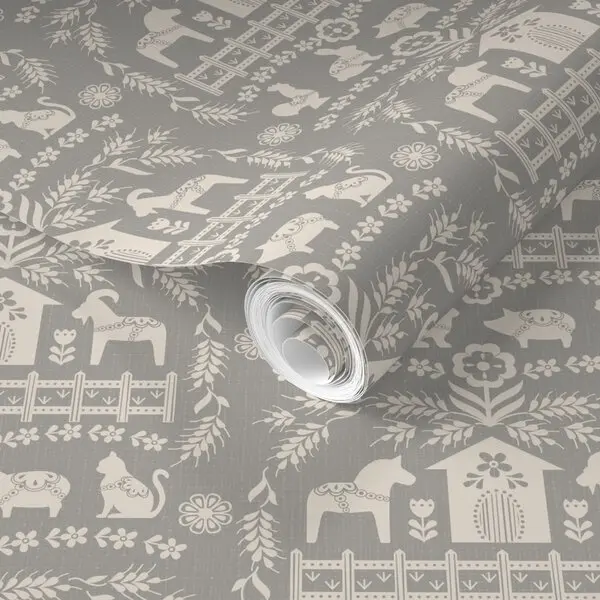 Spoonflower Swedish Folk Art Horse Dala Rooster Farm Custom Removable Wallpaper - Gray