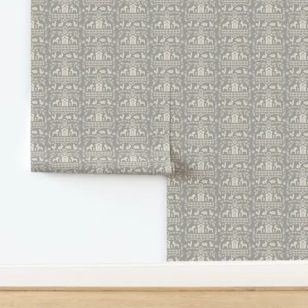 Spoonflower Swedish Folk Art Horse Dala Rooster Farm Custom Removable Wallpaper - Gray