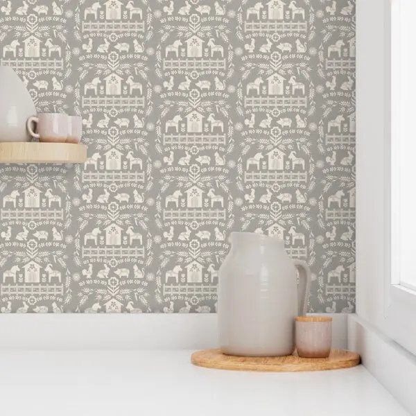 Spoonflower Swedish Folk Art Horse Dala Rooster Farm Custom Removable Wallpaper - Gray
