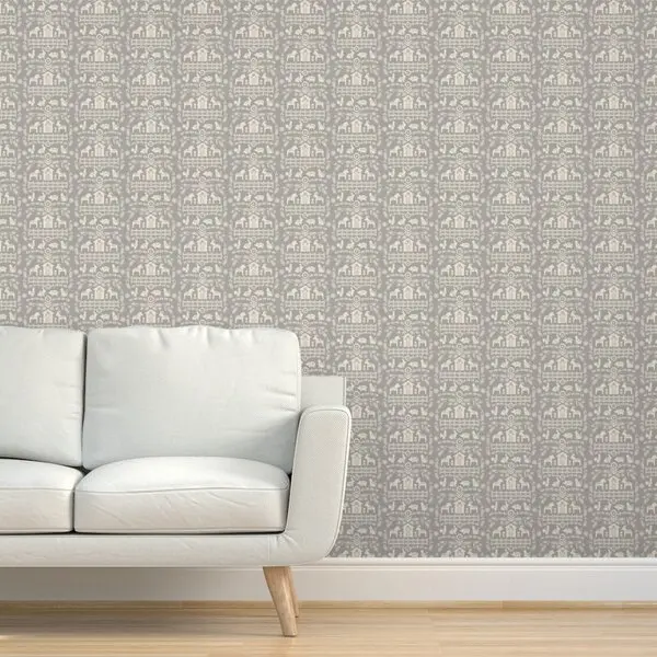 Spoonflower Swedish Folk Art Horse Dala Rooster Farm Custom Removable Wallpaper - Gray