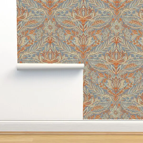 Spoonflower Stylized Botanical Damask In Soft Blue Coral 100% Natural Sisal Grasscloth Wallcovering