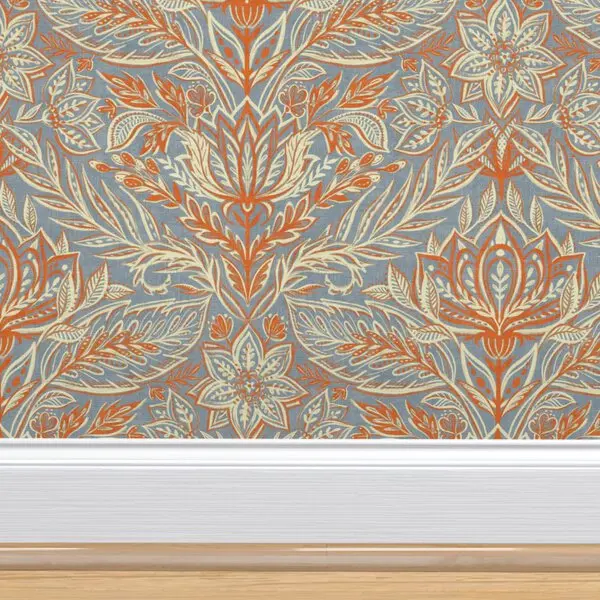 Spoonflower Stylized Botanical Damask In Soft Blue Coral 100% Natural Sisal Grasscloth Wallcovering