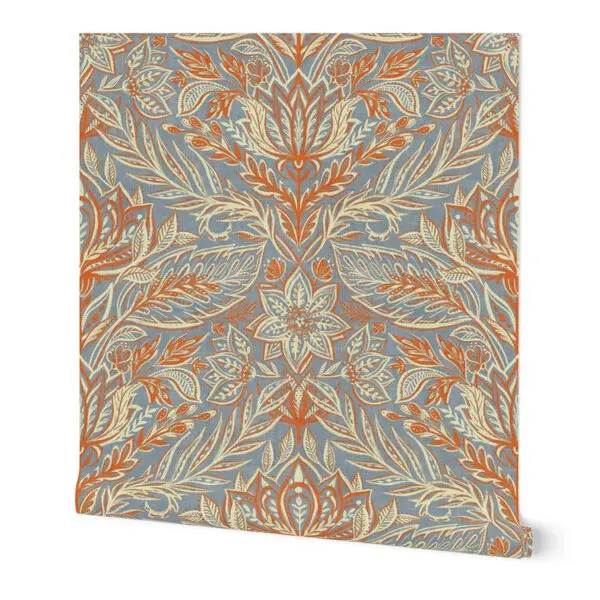 Spoonflower Stylized Botanical Damask In Soft Blue Coral 100% Natural Sisal Grasscloth Wallcovering