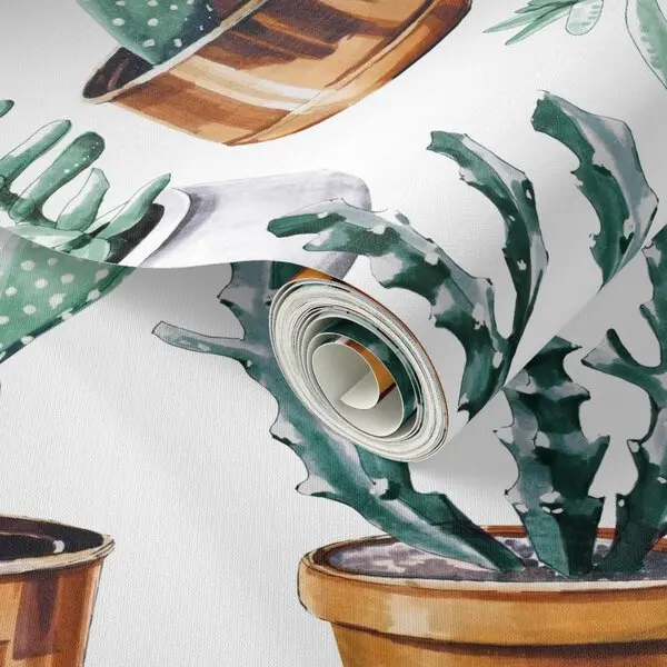 Spoonflower Pots Cactus Greenery Green Flowers Garden Tropical Custom Pre-pasted Wallpaper - Green,bronze,brown