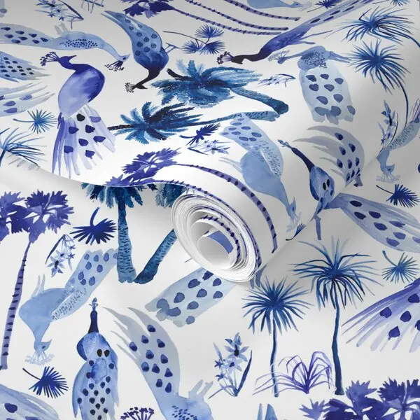 Spoonflower Peacock Blue Bird Palm Trees Chinoiserie Animals Custom Removable Wallpaper - Blue,purple