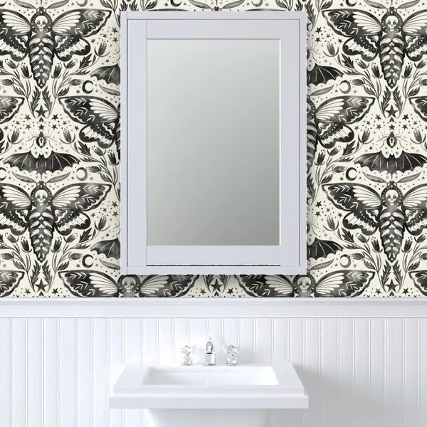 Spoonflower Watercolor Skull Moth Damask Black White Flower Custom Pre-pasted Wallpaper - White,black