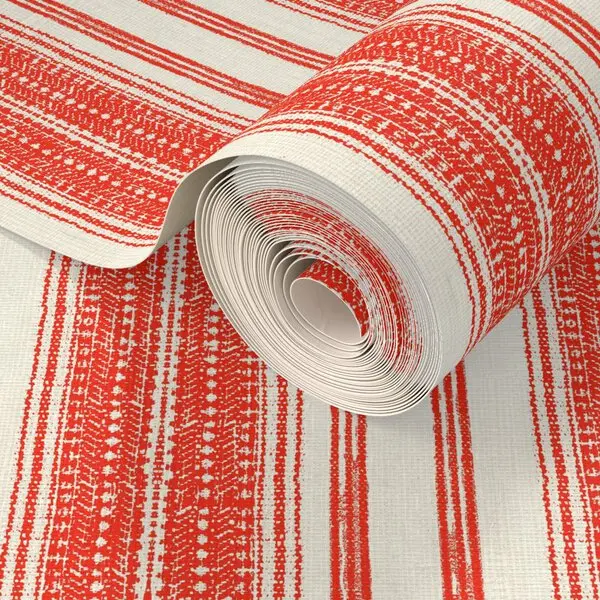 Spoonflower Thick Red Stripes On 100% Natural Sisal Grasscloth Wallcovering - Pink,red,orange