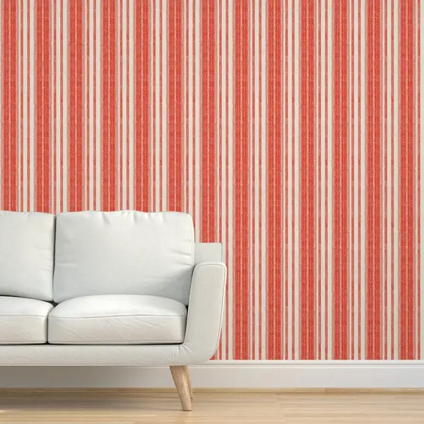 Spoonflower Thick Red Stripes On 100% Natural Sisal Grasscloth Wallcovering - Pink,red,orange