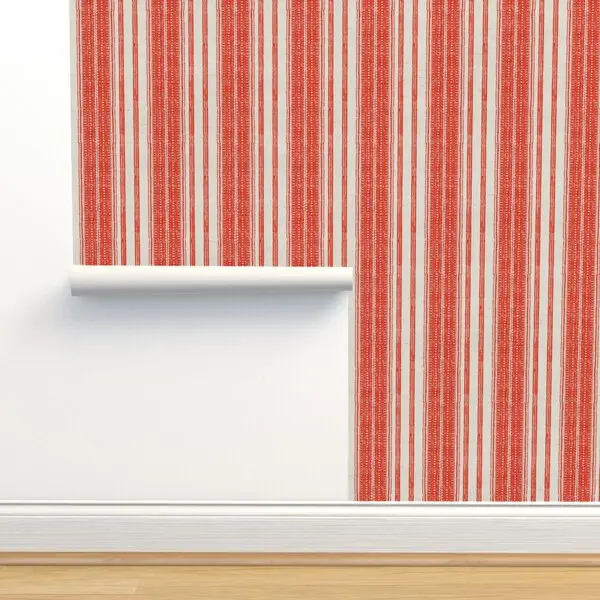 Spoonflower Thick Red Stripes On 100% Natural Sisal Grasscloth Wallcovering - Pink,red,orange
