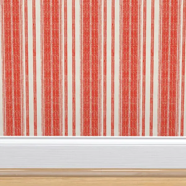 Spoonflower Thick Red Stripes On 100% Natural Sisal Grasscloth Wallcovering - Pink,red,orange