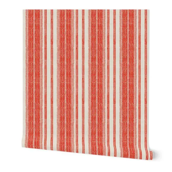 Spoonflower Thick Red Stripes On 100% Natural Sisal Grasscloth Wallcovering - Pink,red,orange