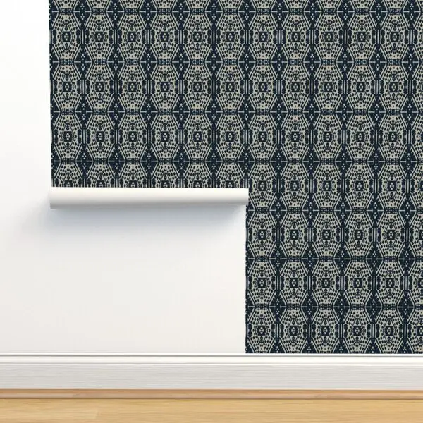 Spoonflower Blue Block Print Boho Geometric Navy 100% Natural Sisal Grasscloth Wallcovering