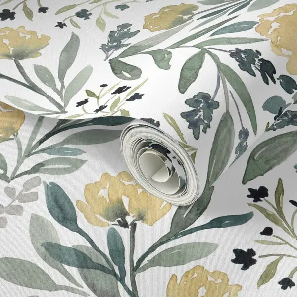 Spoonflower Yellow Floral Watercolor Botanical Flowers Garden Custom Pre-pasted Wallpaper - Yellow,green,gray