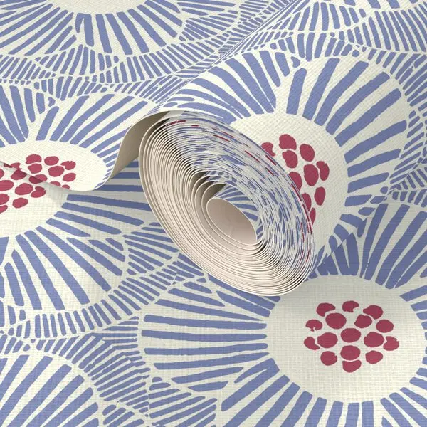 Spoonflower Overlapping Camellia Periwinkle And Berry 100% Natural Sisal Grasscloth Wallcovering - Gray,blue,pink