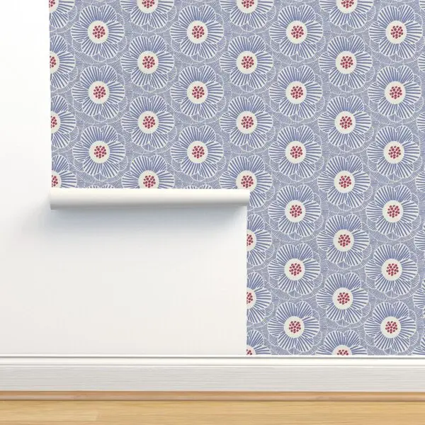 Spoonflower Overlapping Camellia Periwinkle And Berry 100% Natural Sisal Grasscloth Wallcovering - Gray,blue,pink