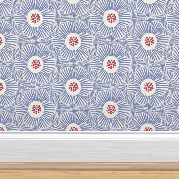Spoonflower Overlapping Camellia Periwinkle And Berry 100% Natural Sisal Grasscloth Wallcovering - Gray,blue,pink