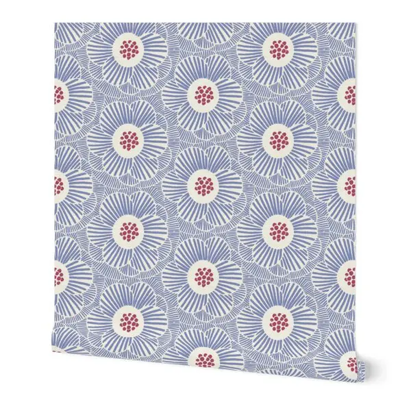Spoonflower Overlapping Camellia Periwinkle And Berry 100% Natural Sisal Grasscloth Wallcovering - Gray,blue,pink